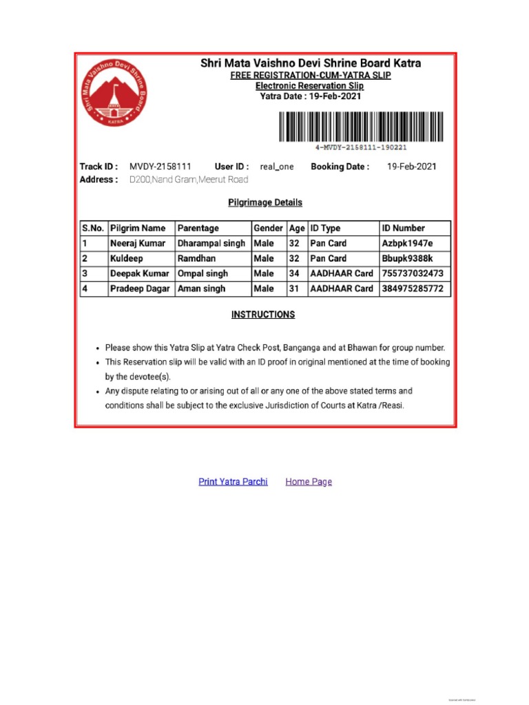 Shri Mata Vaishno Devi Shrine Board - Yatra Parchi Services - 1 | PDF