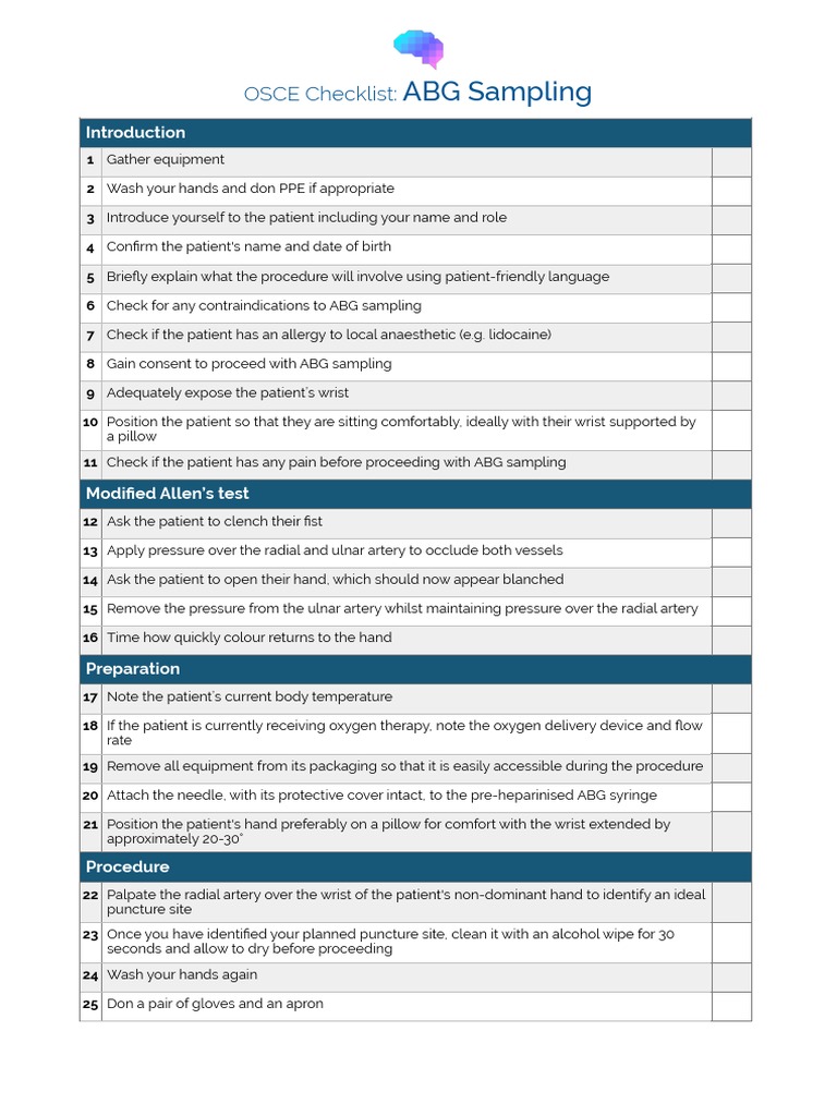 ABG Sampling OSCE Checklist Guide | PDF | Syringe | Clinical Medicine