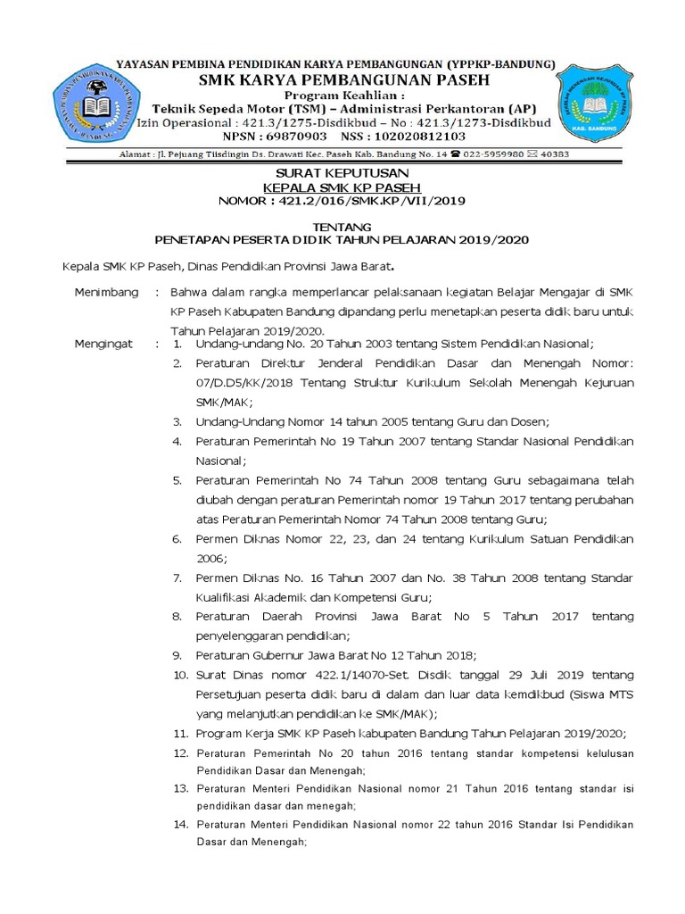 SK Penetapan Siswa PPDB 2019 2020 SMK Pasundan Majalaya | PDF