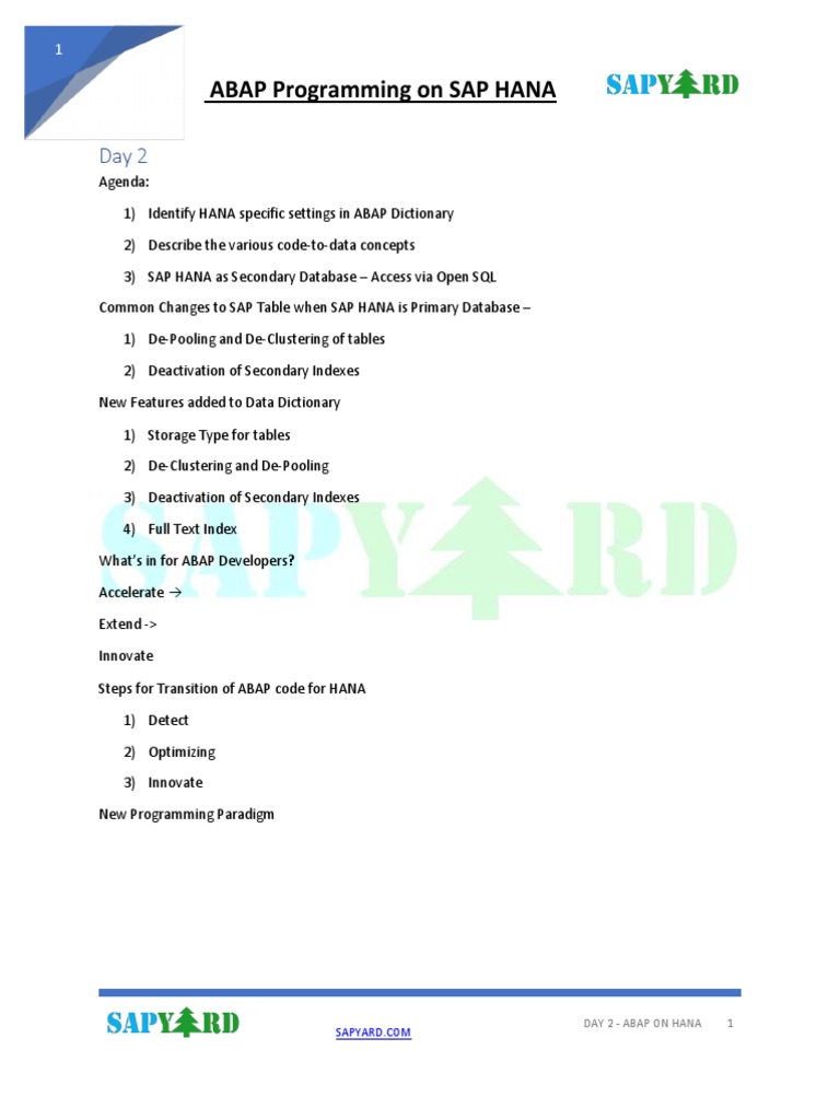 Day 2 - ABAP On HANA | PDF | Databases | Database Index