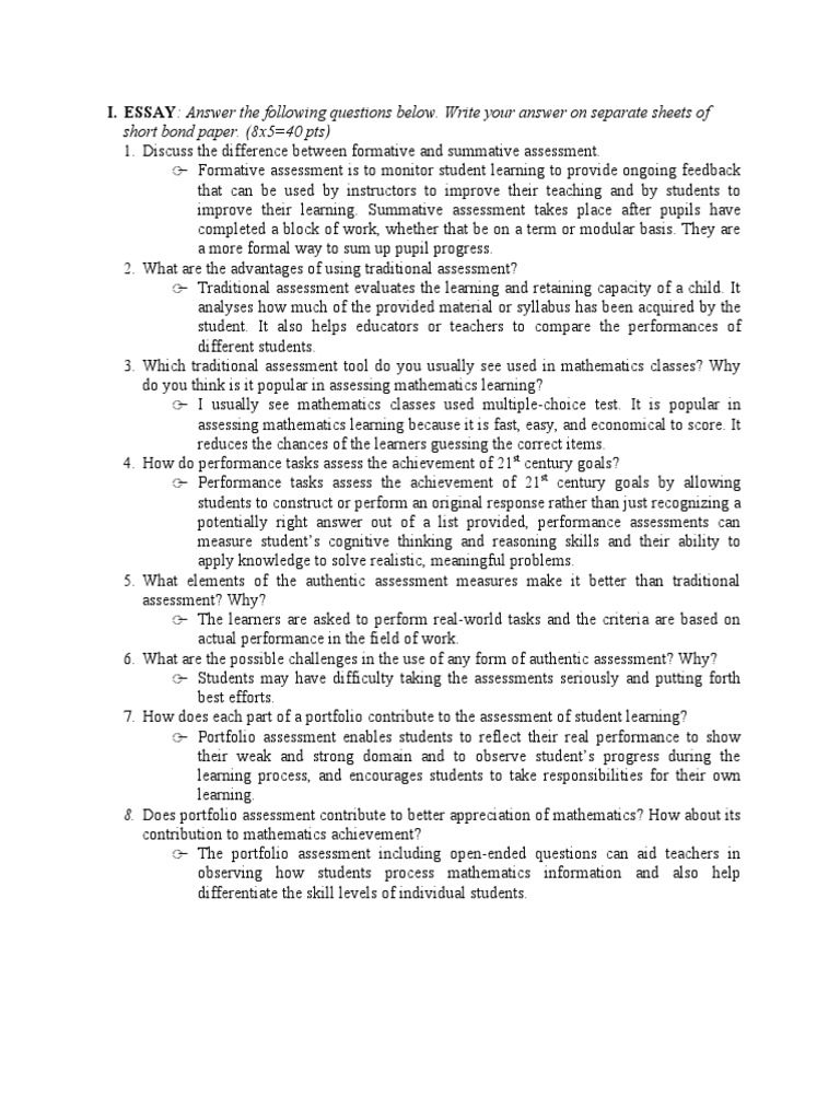 Short Bond Paper. (8x5 40 PTS) : I. ESSAY: Answer The Following ...