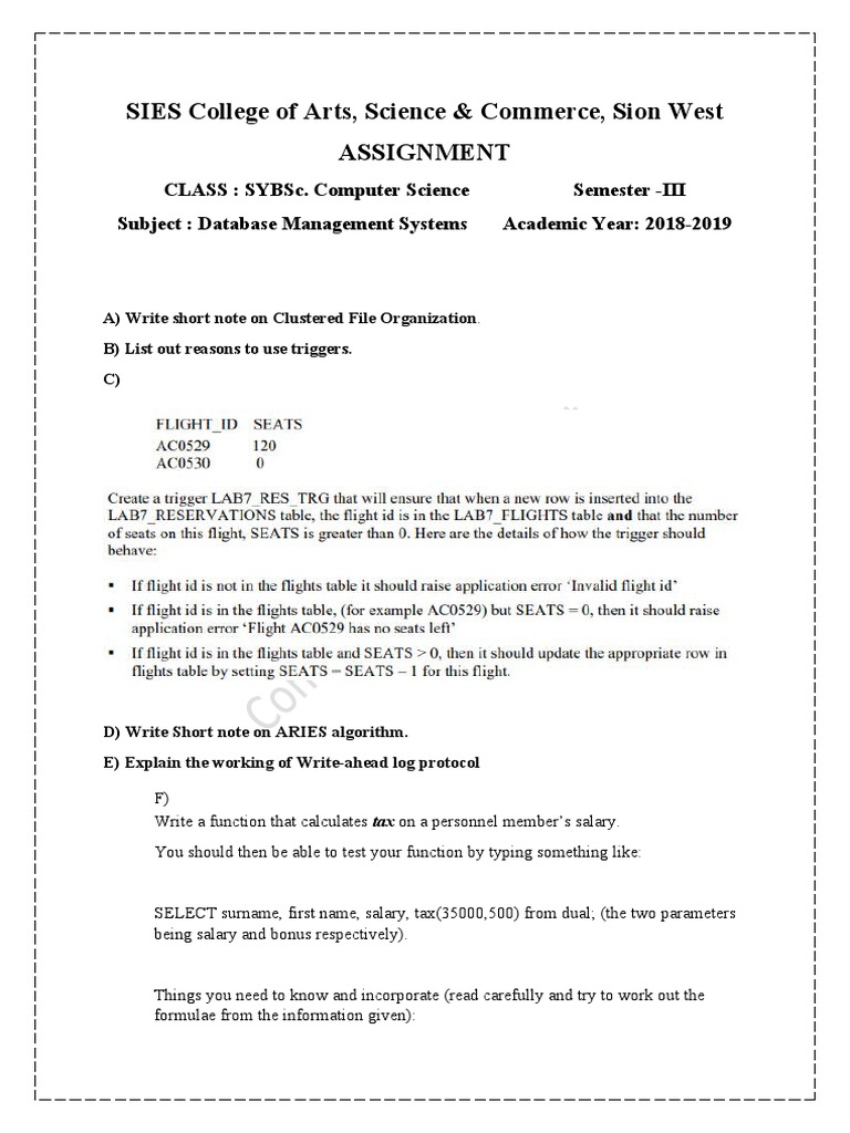 DBMS Sem 3 Assignment 2020-2021 | PDF | Pl/Sql | Sql