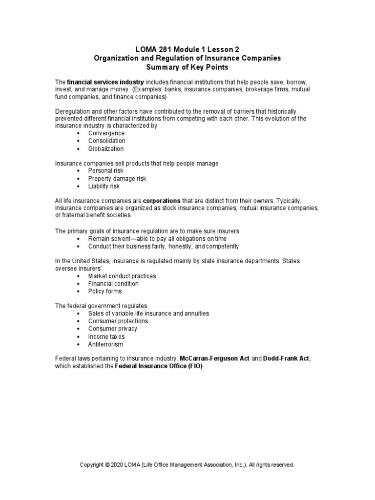 LOMA 281 Module 1 Lesson 2 Organization and Regulation of Insurance ...