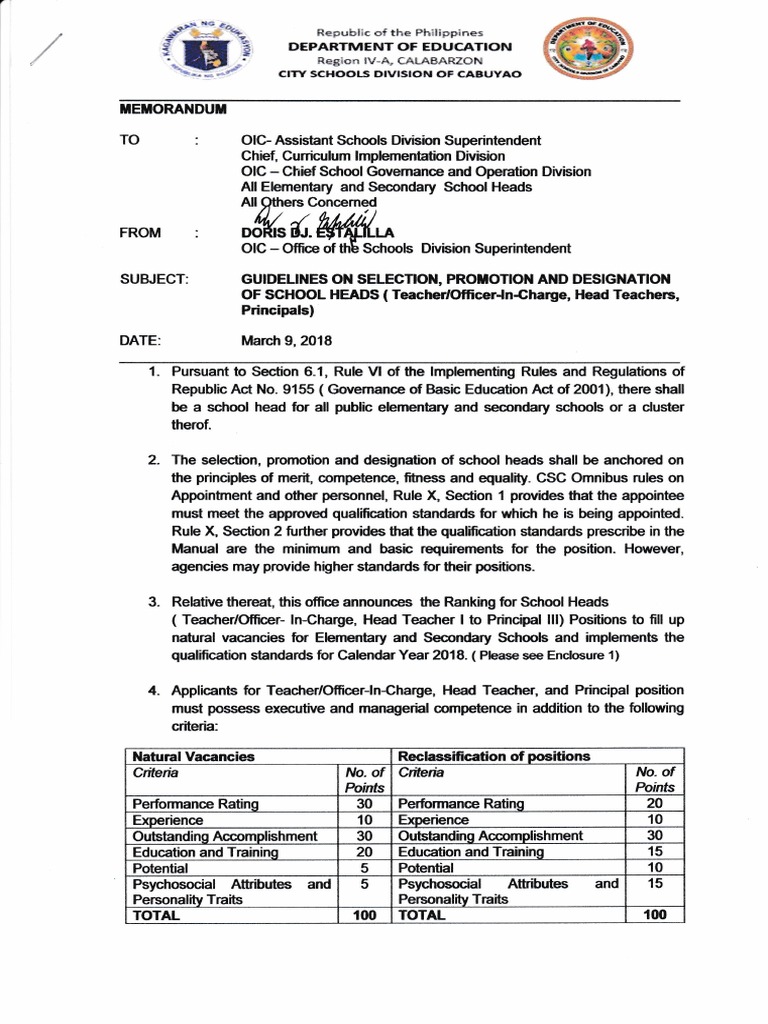 Guidelines On Selection Promotion and Designation of School Heads ...