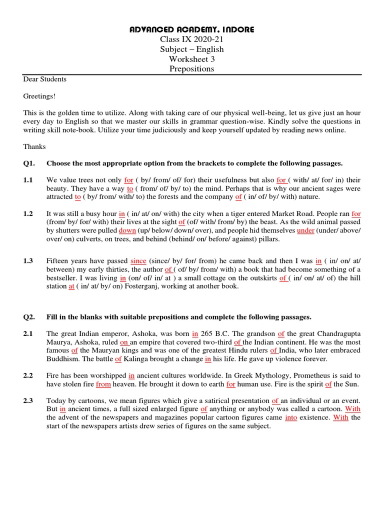 Prepositions Answers | PDF