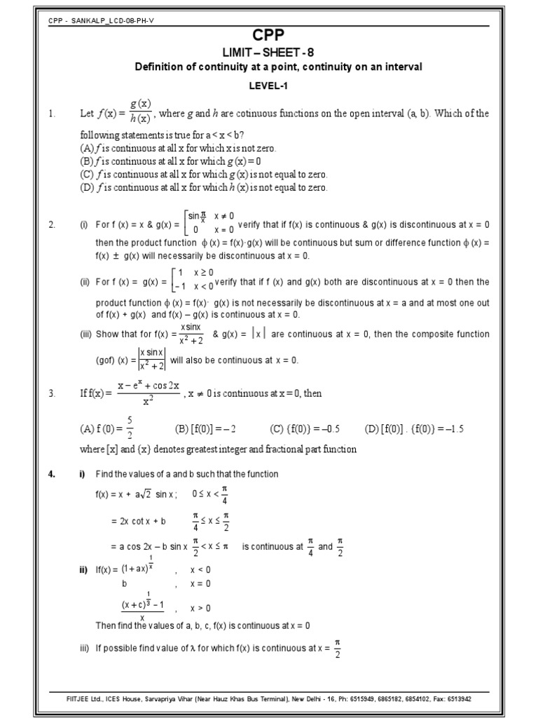 Limit - Sheet - 8: Level-1 | Download Free PDF | Continuous Function | Function (Mathematics)