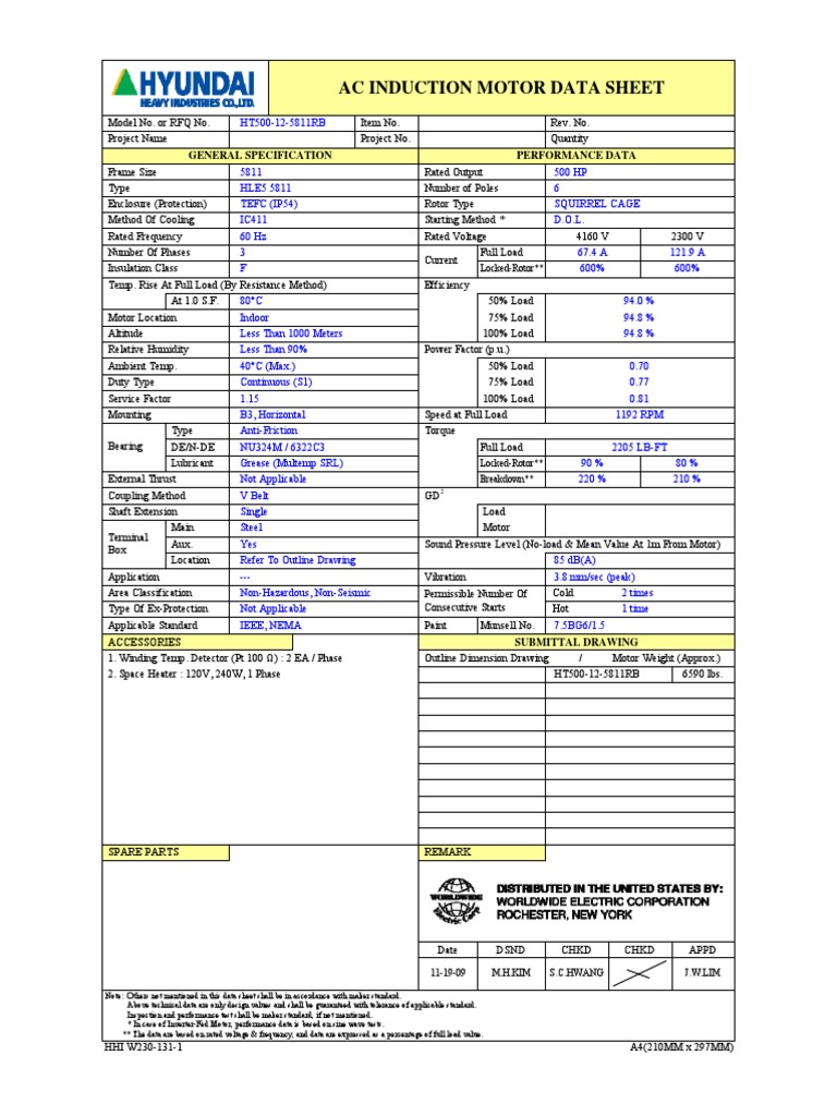 Ac Induction Motor Data Sheet: General Specification Performance Data ...