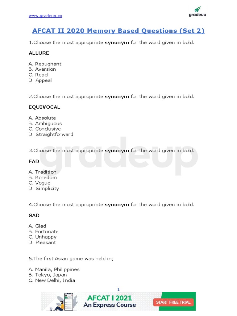 AFCAT II 2020 Memory Based Questions (Set 2) : Allure | PDF | Speed