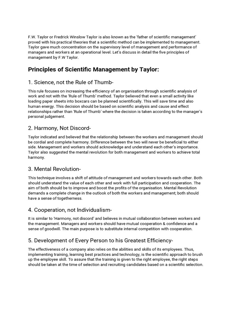 Principles of Scientific Management by Taylor:: 1. Science, Not The ...