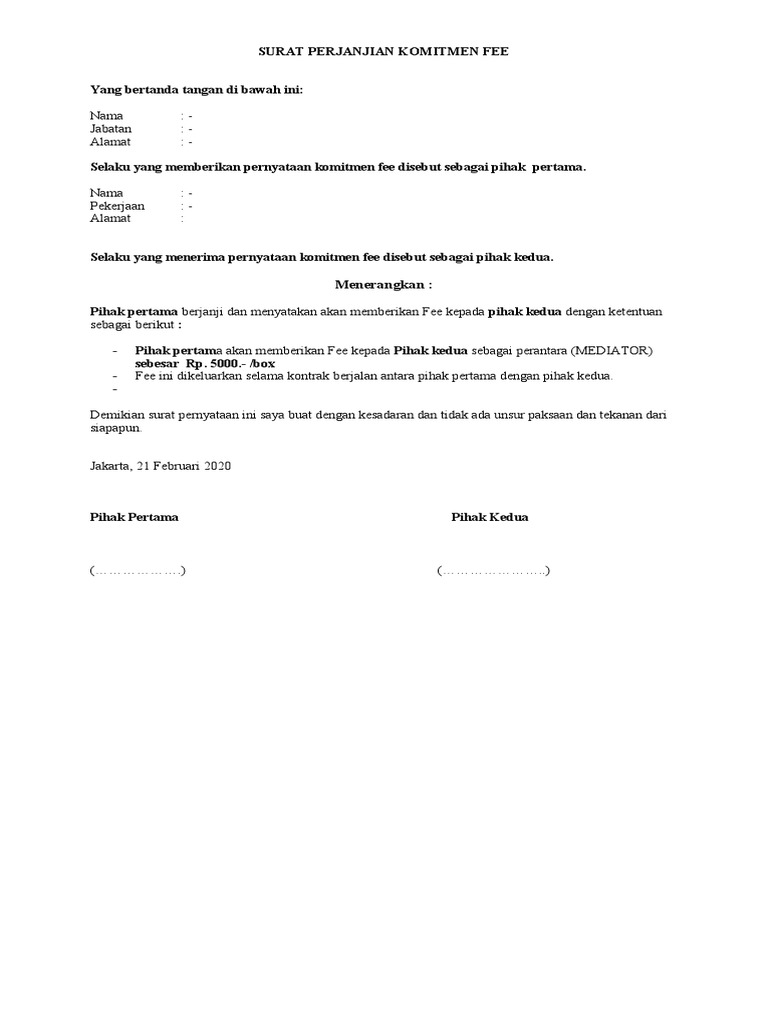 Contoh Surat Perjanjian Komitmen Fee | PDF