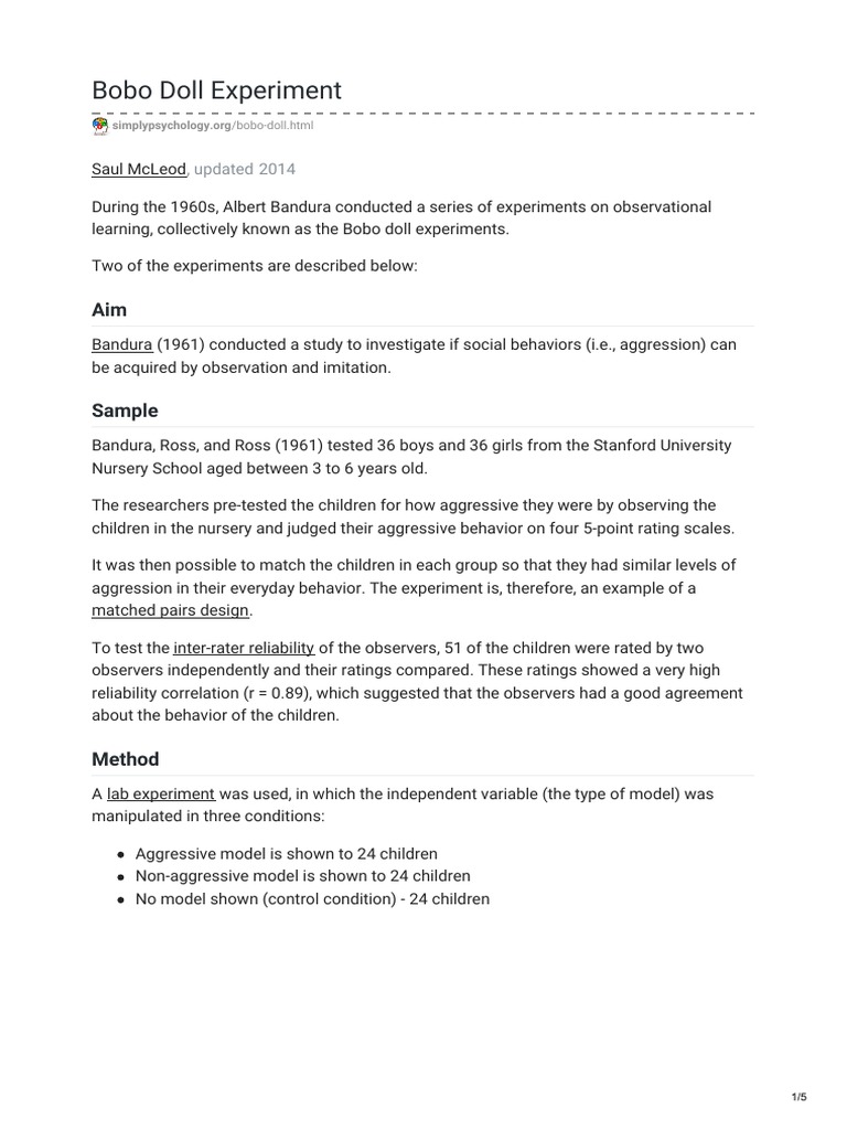 Bobo Doll Experiment:, Updated 2014 | PDF | Imitation | Psychology
