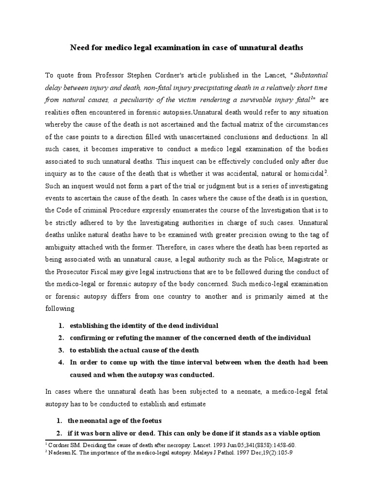 Need For Medico Legal Examination in Case of Unnatural Deaths | PDF ...