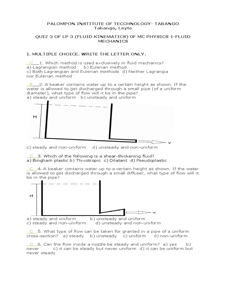 QUIZ 3 OF LP3 (Fluid Kinematics) OF MC PHYSICS 1 (FLUID MECHANICS ...