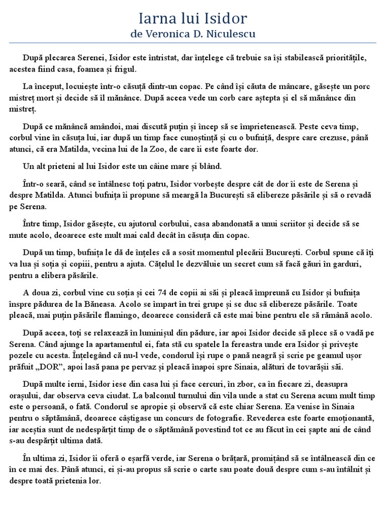 Rezumat Iarna Lui Isidor de Veronica D. Niculescu | PDF