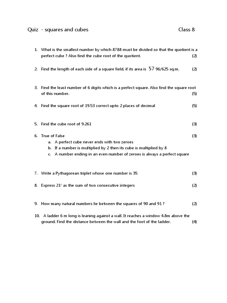 Class 8 Quiz: Squares and Cubes | PDF