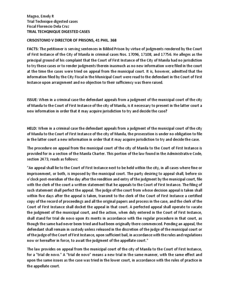 Trial Technique Case Digest Summary | PDF | State Court (United States ...