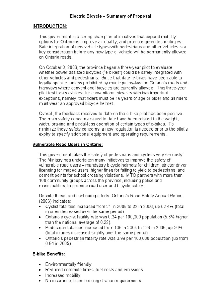 Electric Bicycle - Summary of Proposal | PDF | Vehicles | Sustainable ...