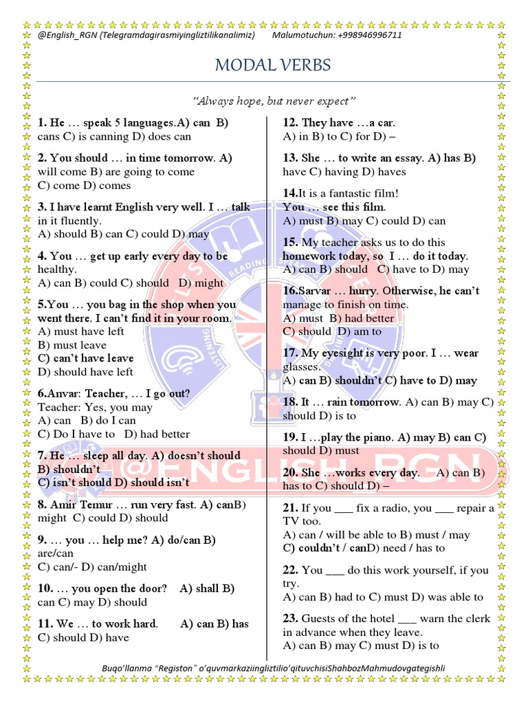 Modal Verbs Practice Test: Understanding the Usage of Modal Verbs ...