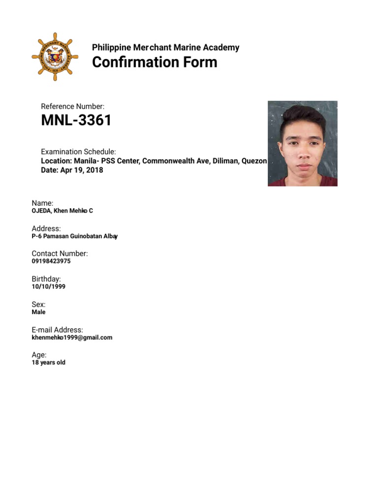 Confirmation Form: Philippine Merchant Marine Academy | PDF