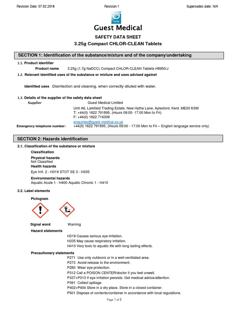 Guest Medical: 3.25g Compact CHLOR-CLEAN Tablets | PDF | Dangerous ...