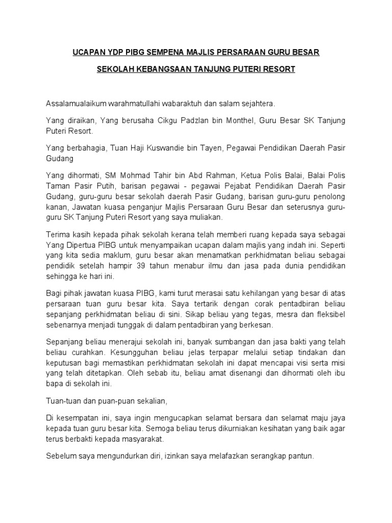 Ucapan Ydp Pibg Sempena Majlis Persaraan Guru Besar | PDF