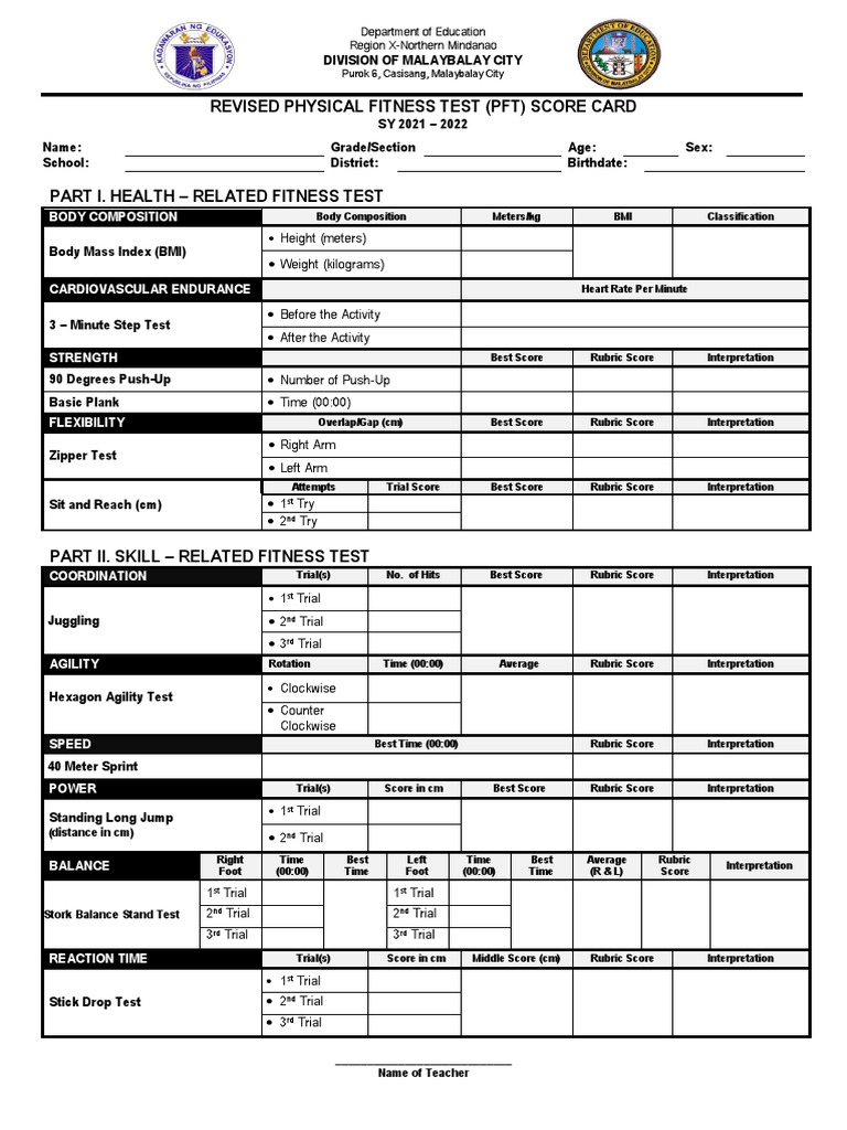 Revised Physical Fitness Test (PFT) Score Card for the School Year 2021 ...