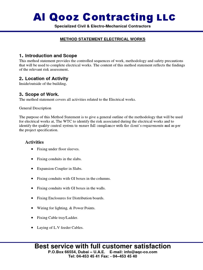 11.method Statement Electrical Work | PDF | Electrical Wiring | Electricity