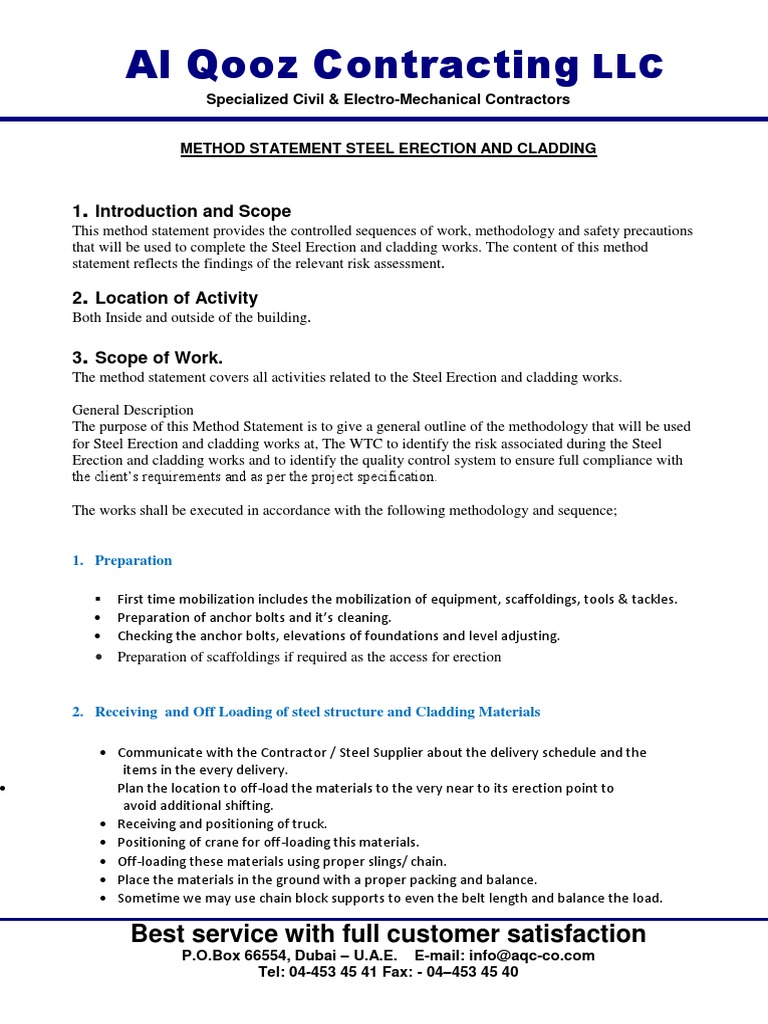Steel Erection and Cladding Method Statement | PDF | Safety | Personal ...