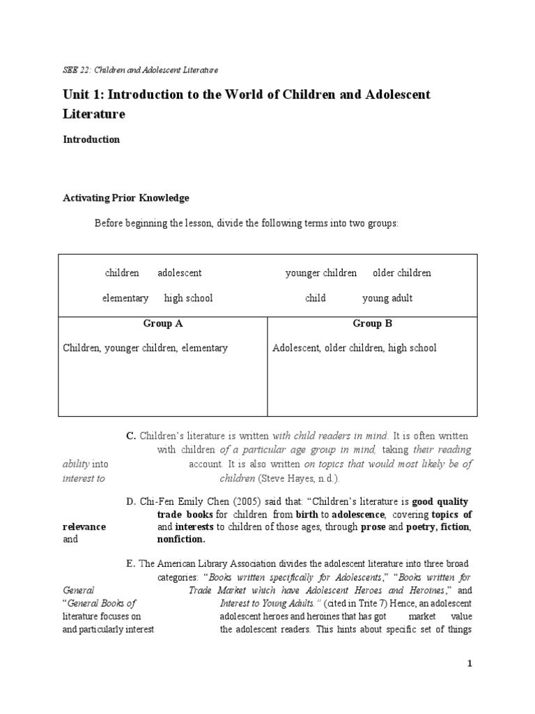 Unit 1: Introduction To The World of Children and Adolescent Literature ...
