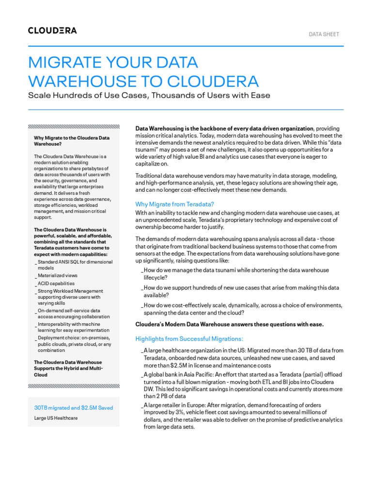 Cloudera Datasheet Data Warehouse Migration 101 | PDF | Data Warehouse ... Cloudera Datasheet Data Warehouse Migration 101 | PDF | Data Warehouse ...
