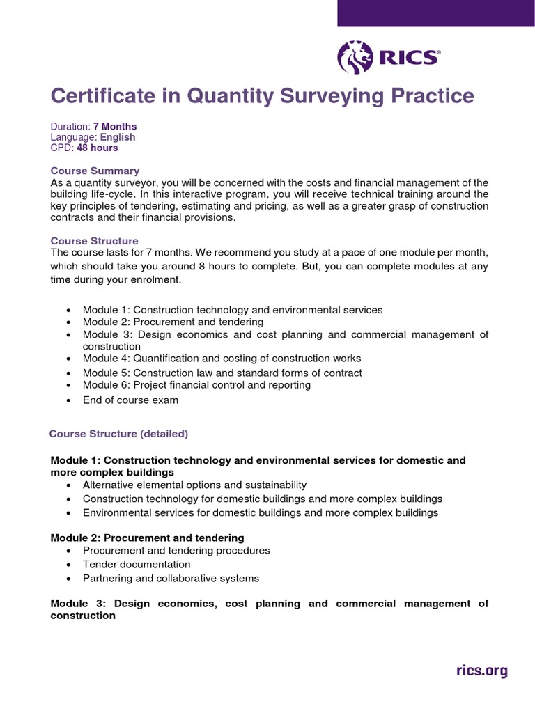Certificate in Quantity Surveying Practice: Course Summary | PDF ...
