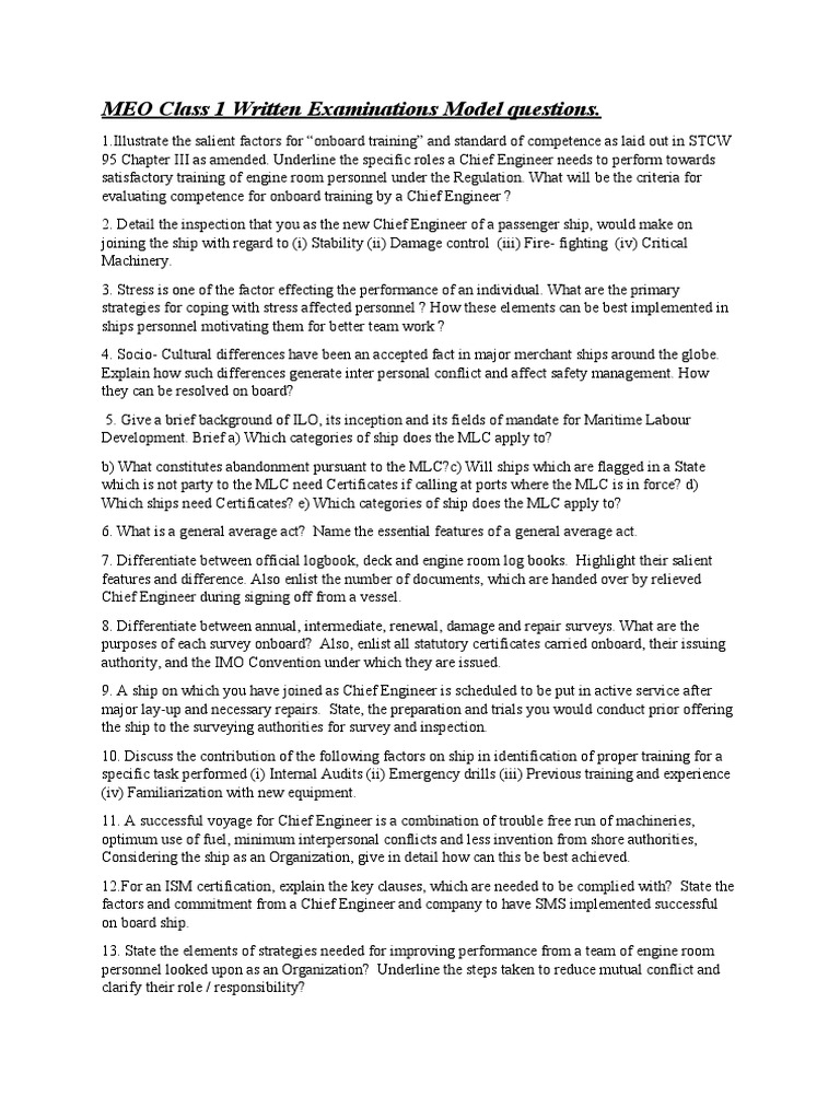 MEO Class 1 Written Examinations Model Questions | PDF | Ships