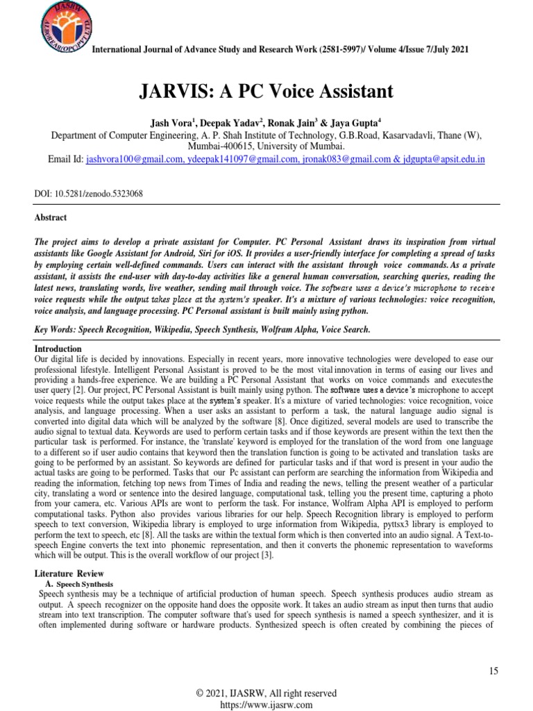 JARVIS A PC Voice Assistant | PDF | Speech Synthesis | Speech Recognition