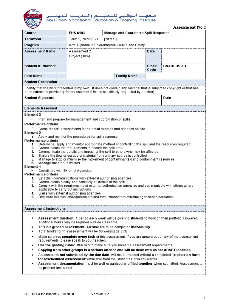 ASMT EHS6103 202110 Assessment 2 - WA | PDF | Risk Assessment | Oil Spill