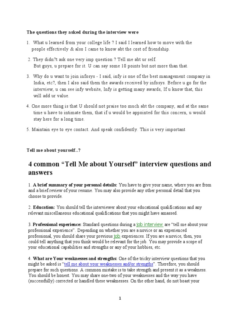 4 Common "Tell Me About Yourself" Interview Questions and Answers | PDF ...