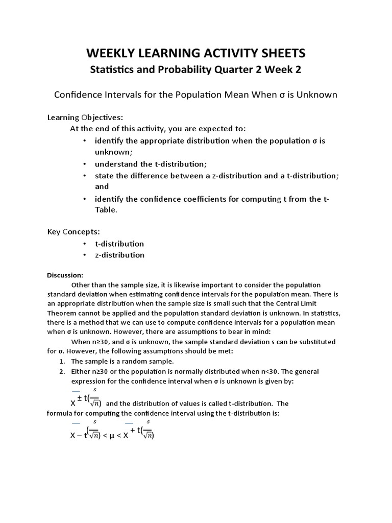 Weekly Learning Activity Sheets 3 | PDF | Confidence Interval | Standard Deviation