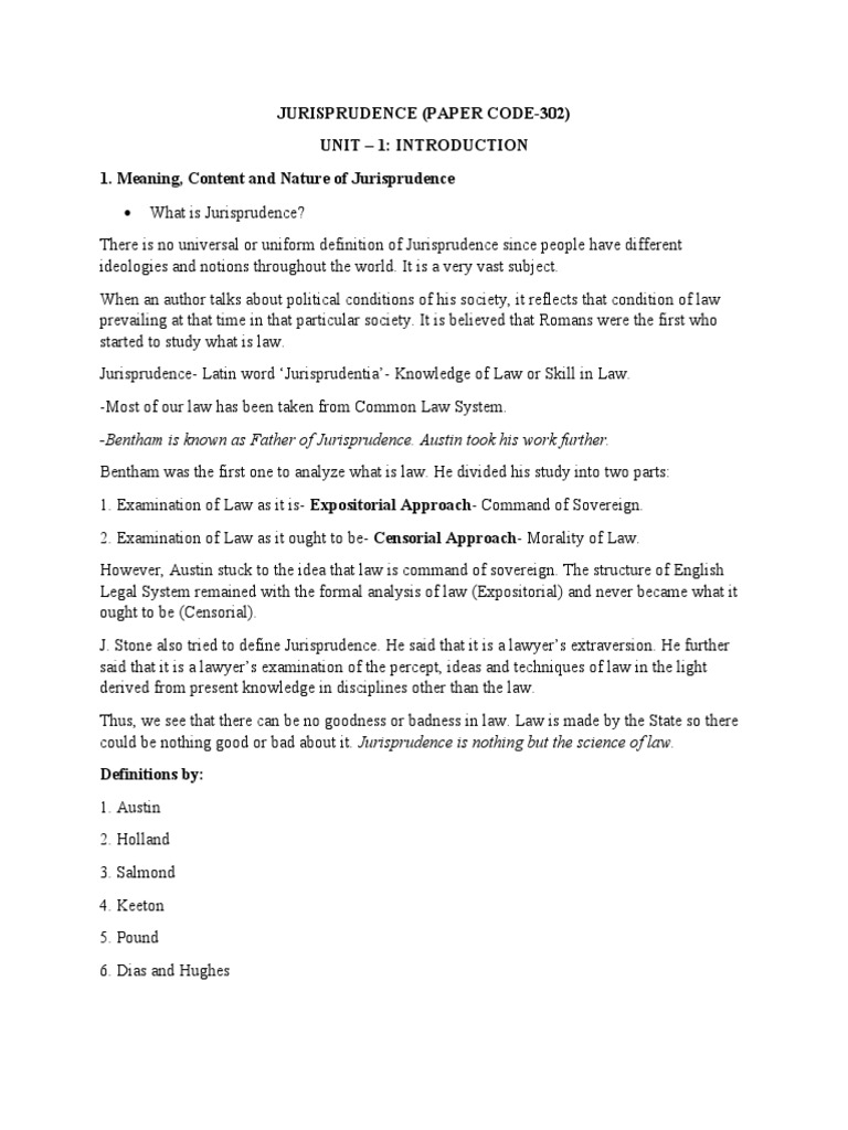 Jurisprudence (Paper Code-302) Unit - 1: Introduction 1. Meaning ...