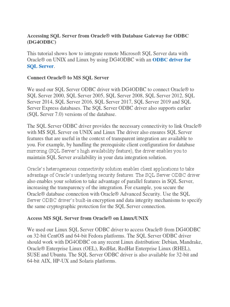 Accessing Sql Server From Oracle With Database Gateway For Odbc Dg4odbc Pdf Microsoft Sql