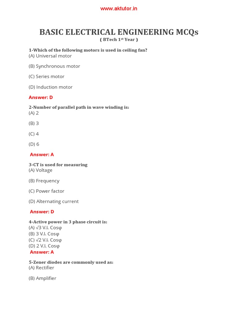 Basic Electrical Engineering MCQs | PDF | Series And Parallel Circuits ...