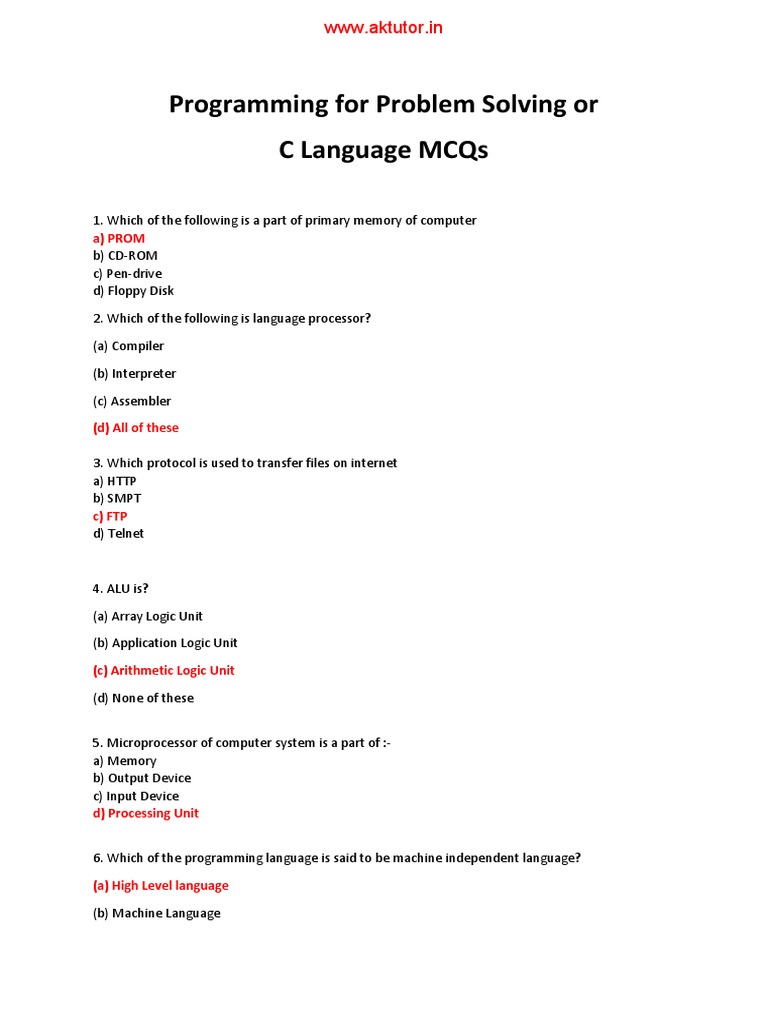 Programming For Problem Solving MCQs | PDF | Computer Data Storage ...