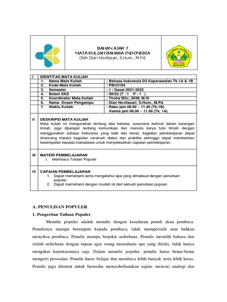 BAHAN AJAR KE-7 MK Bahasa Indonesia | PDF | Seni & Disiplin Bahasa