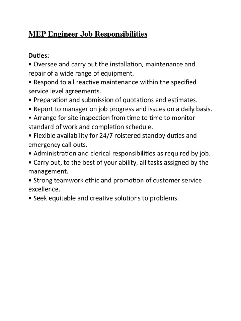 MEP Engineer Job Responsibilities | PDF | Safety | Consultant