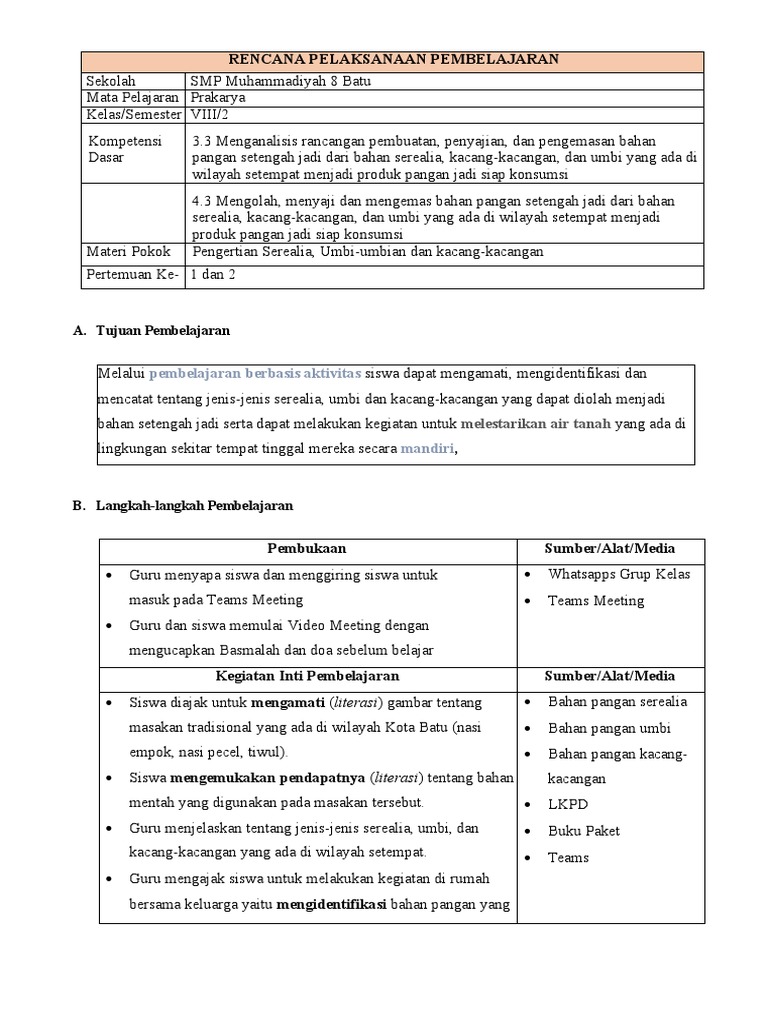 RPP Prakarya Daring Adiwiyata Kls 8-Dikonversi | PDF