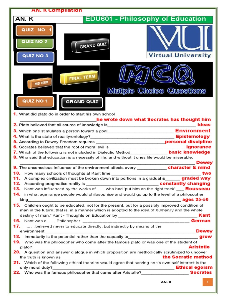 EDU601 - Philosophy of Education (QUIZ 1-2-3) (GRAND QUIZ) (MID AND ...