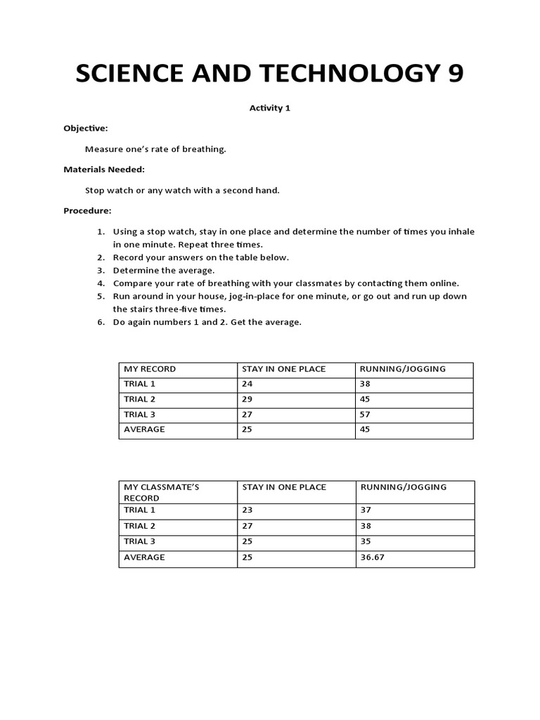 Science and Technology 9: Activity 1 Objective | PDF | Breathing | Oxygen
