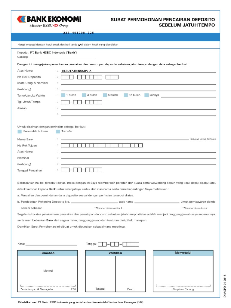 Surat Permohonan Pencairan Deposito Sebelum Jatuh Tempo | PDF