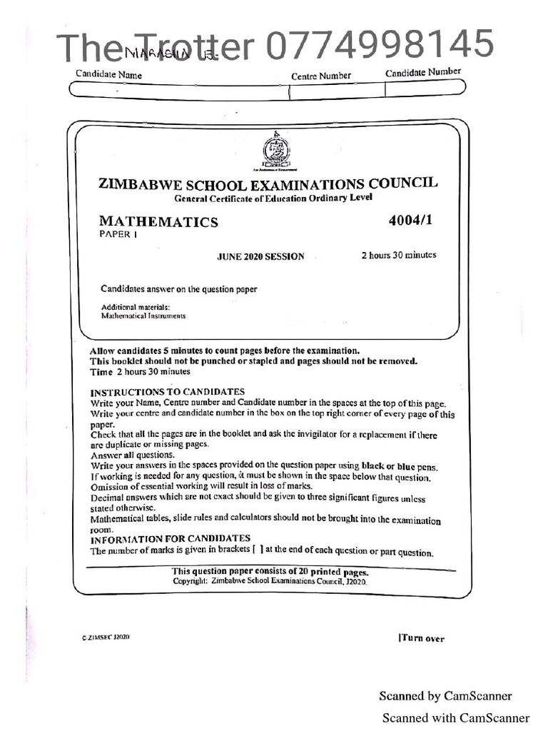 Zimsec June 2020 Maths O Level Paper 1 | PDF