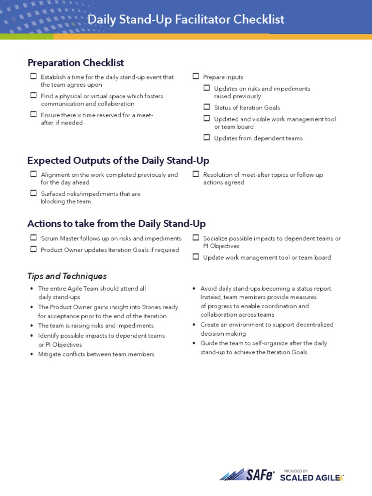 Daily Stand-Up Facilitator Checklist | PDF | Scrum (Software Development)