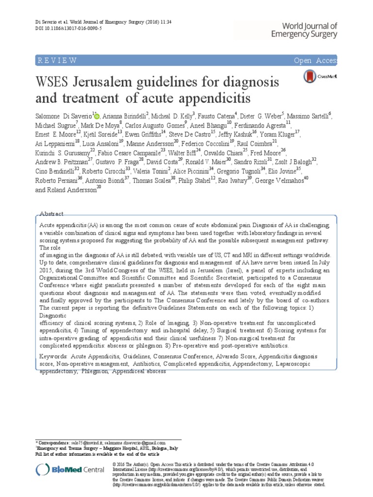 WSES Jerusalem Guidelines For Diagnosis and Treatment of Acute Apendicitis 2016 | PDF ...