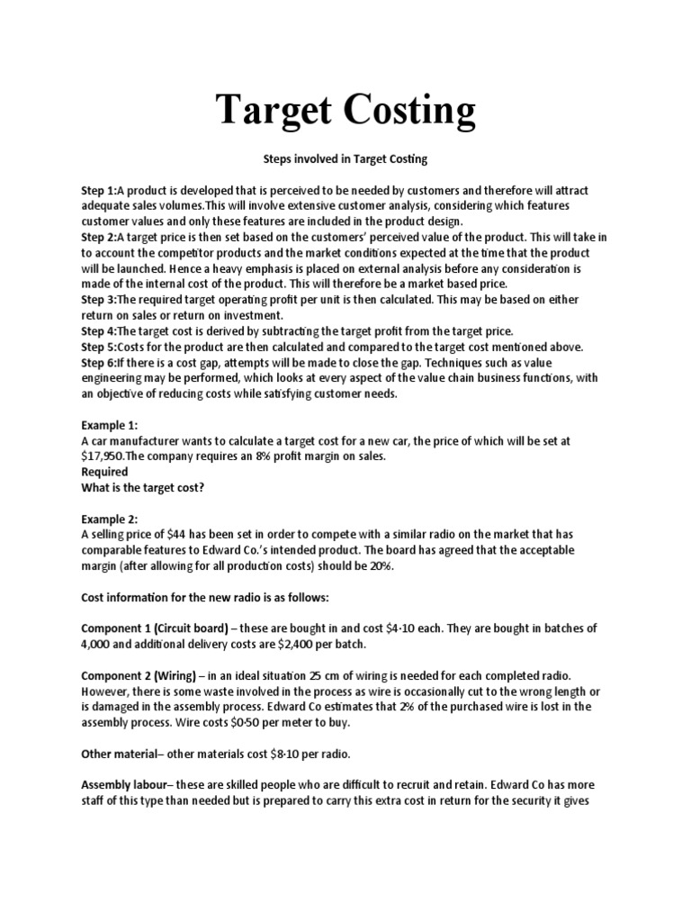 Target Costing: A 4-Step Process for Setting Cost Targets | PDF | Cost ...